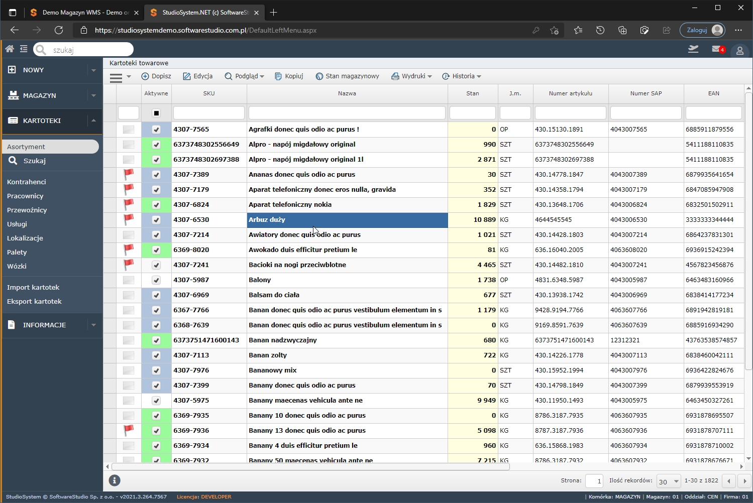 Program WMS - Kartoteki magazynowe